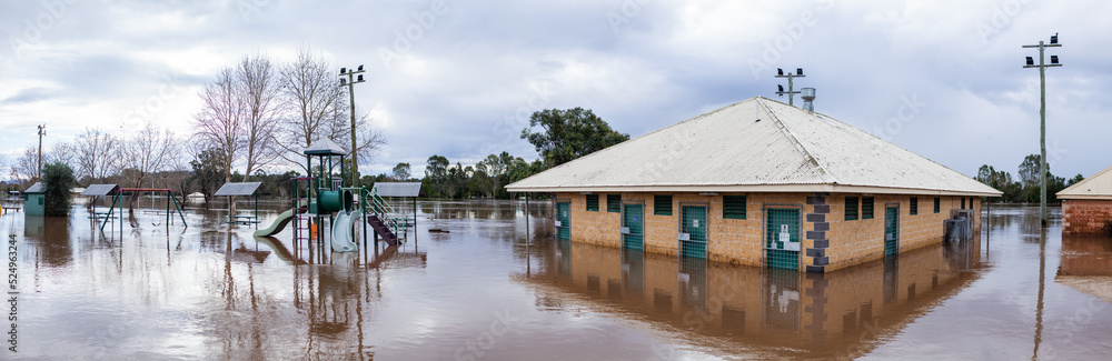 flooded park and playing field with amenities building underwater Stock ...