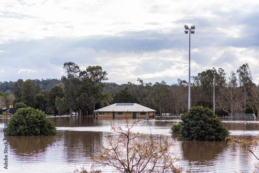 Club building at playing field park flooded with flood water Stock ...