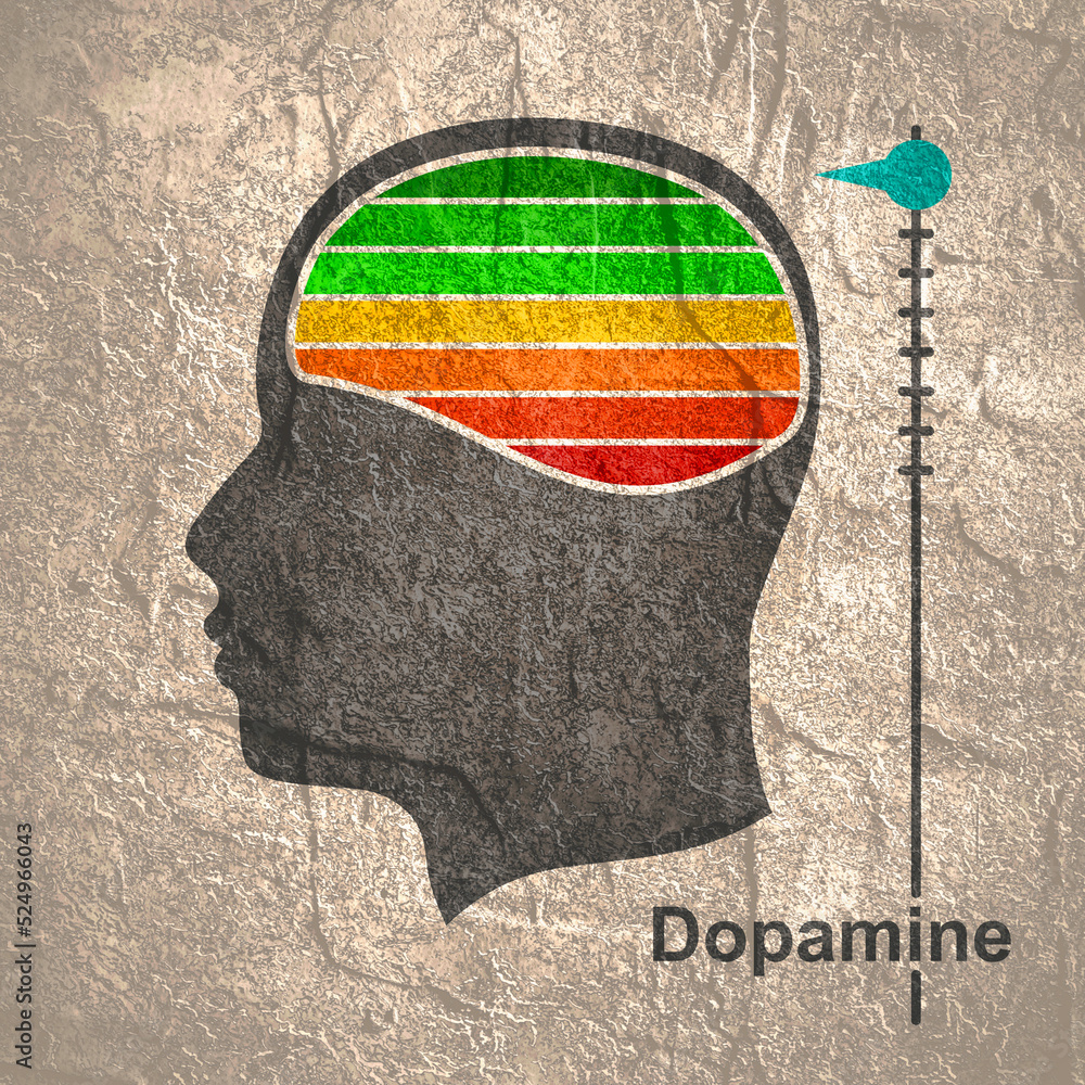 Human head and hormone dopamine level scale. Concept of medicine and ...