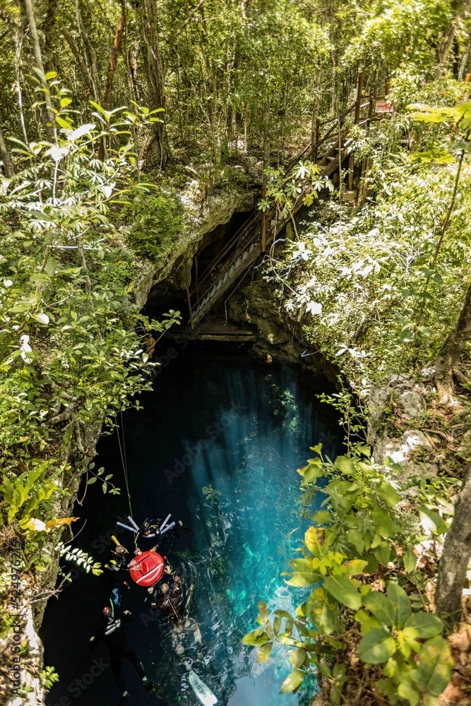 Cenote Pit top view, freediving session in the cenote of Mexico, Tulum ...