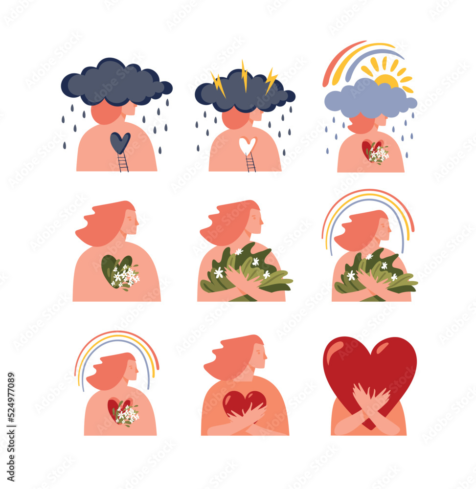 Psychology flat icons set, depression, healing, childhood trauma, self ...