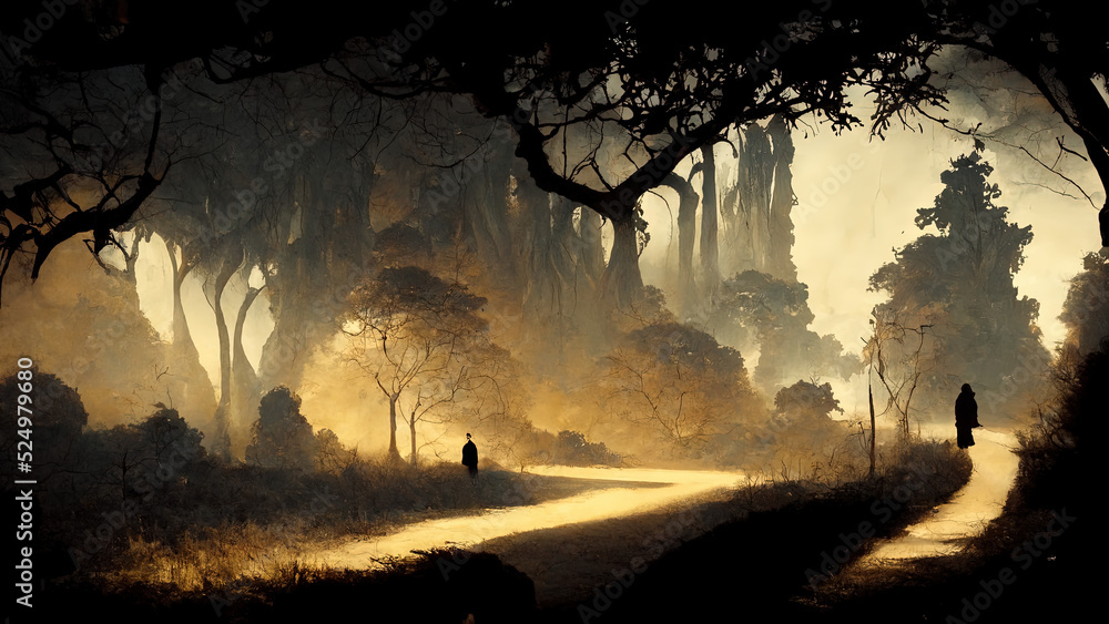 A Dark and Horrible Ghost Forest in Twilight. Concept Art Scenery. Book ...