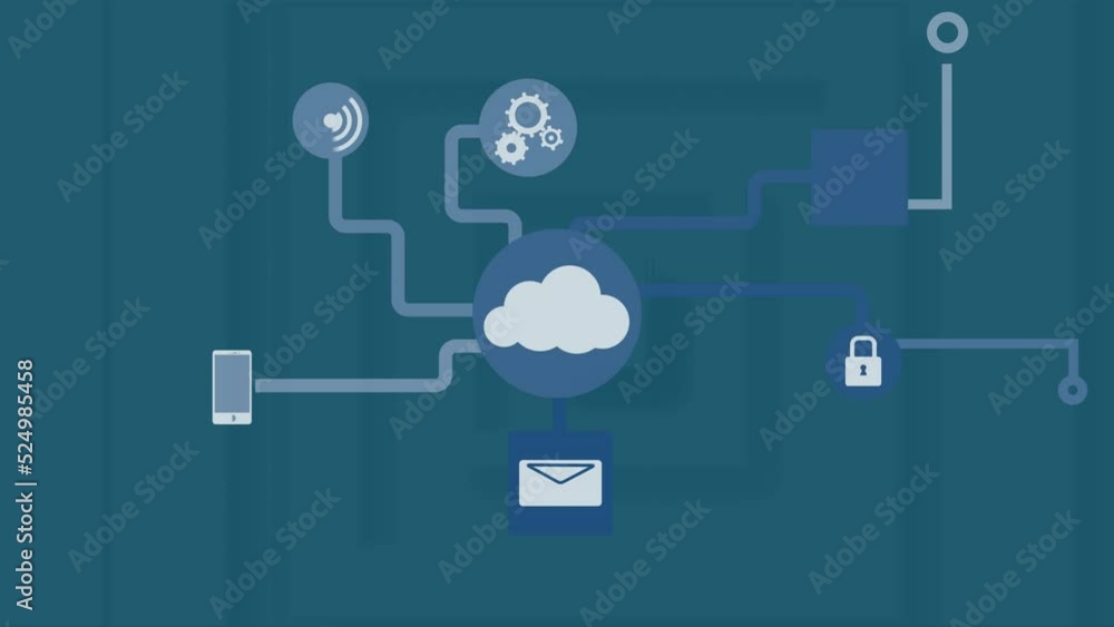 Animation of graphical flow chart with computer icons against blue ...