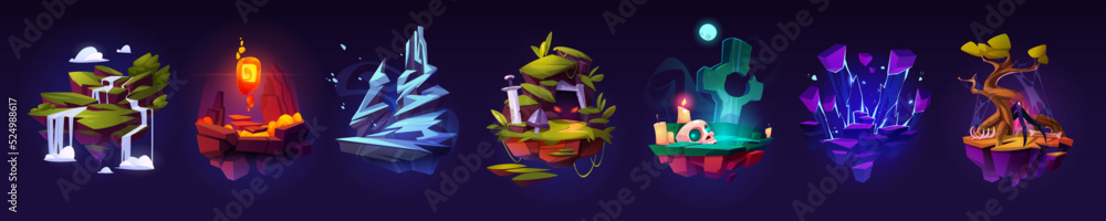 Poster Floating islands set, flying game platforms rock with ice, lava ...