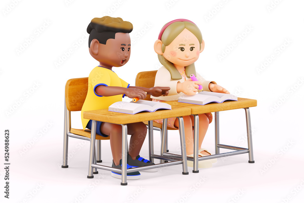 책상에 앉아 수업 중 인 귀여운 백인여자 흑인남자 어린아이 3d 캐릭터 렌더링 일러스트 Stock 일러스트레이션 Adobe