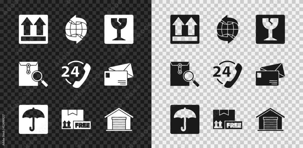 Set This side up, Worldwide, Fragile broken glass, Umbrella, Cardboard box with free symbol ...