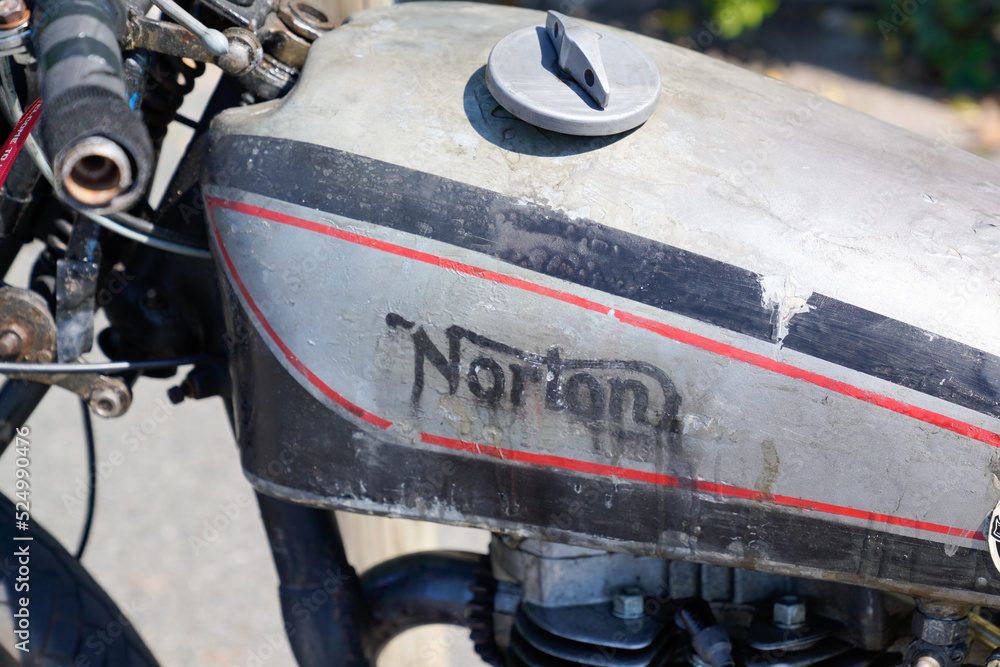 Norton motorcycle brand logo and sign text on ancient tank fuel of ...