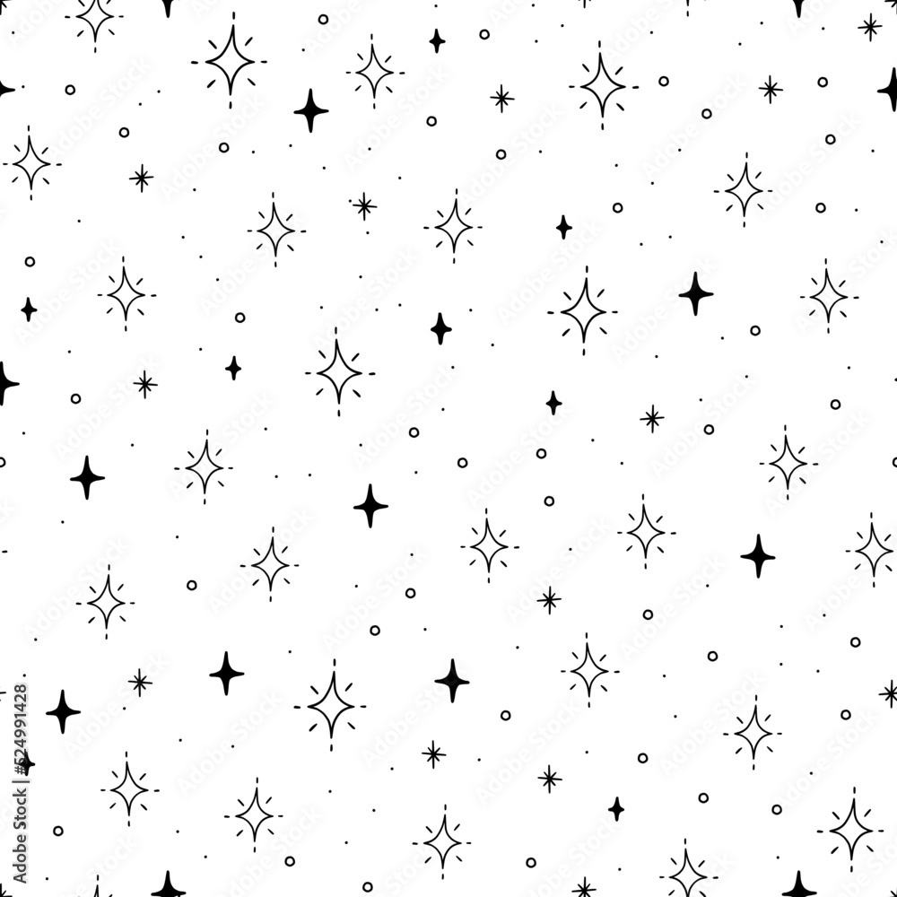 Line star glitter shine of doodle seamless pattern. Star shine glow, spark glitter, sparkle ...