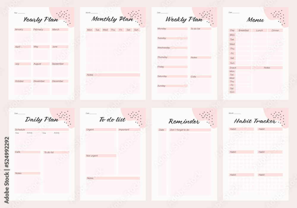 8 set of pink abstract planners printable template with pink ellements ...