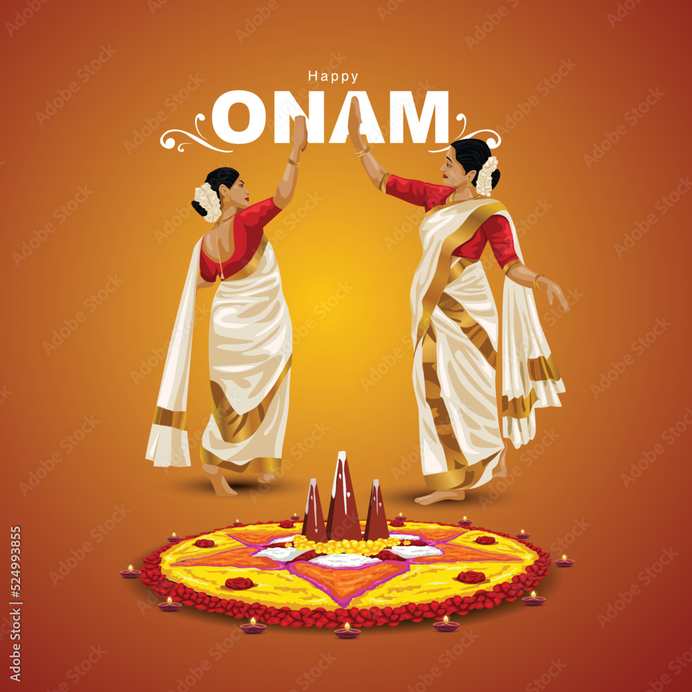 happy onam thiruvathira, a traditional dance from Kerala. vector ...