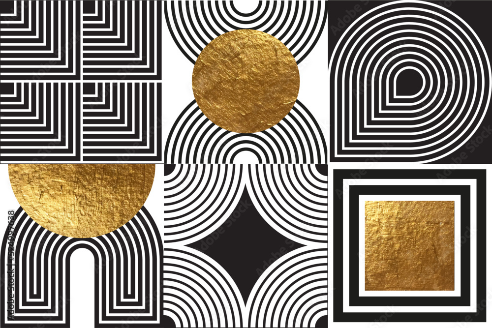 Composition with line art golden geometric forms and colorful blocks ...