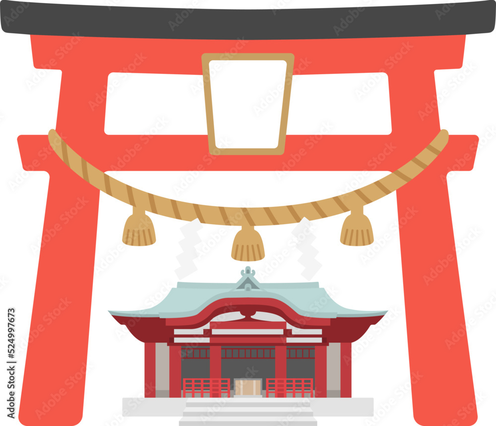 しめ縄のついた鳥居と、神社の外観のイラスト Stock Vector | Adobe Stock