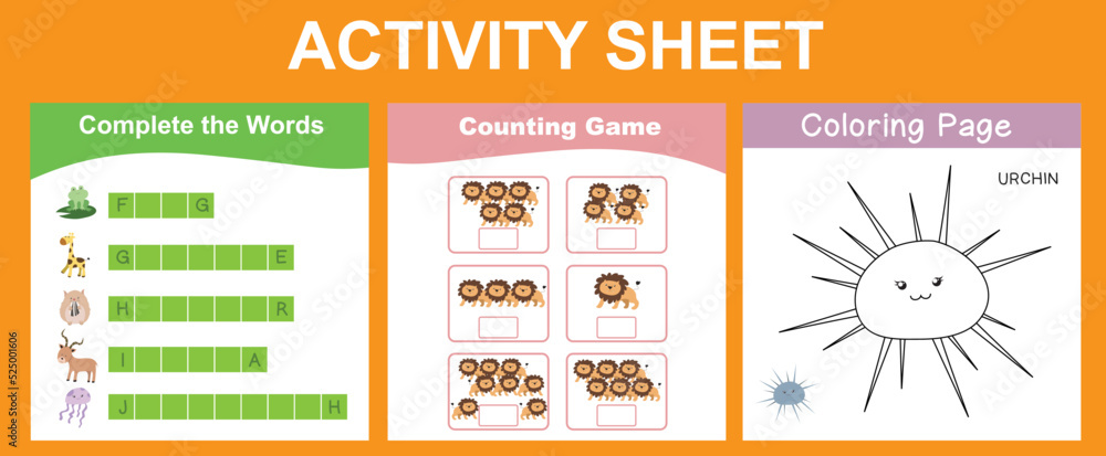 Activity sheet for children. Coloring, complete the words and counting ...