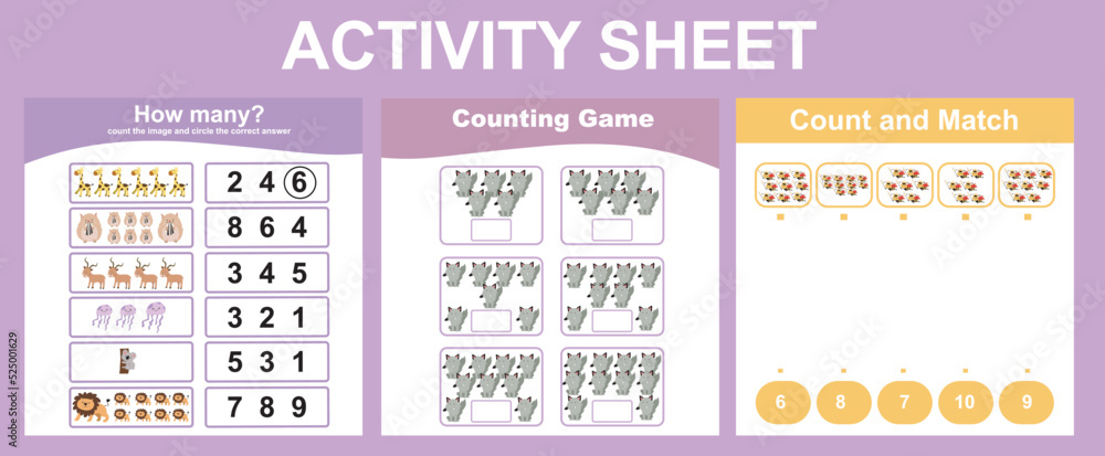Activity sheet for children. Counting and match animals. Mathematic ...