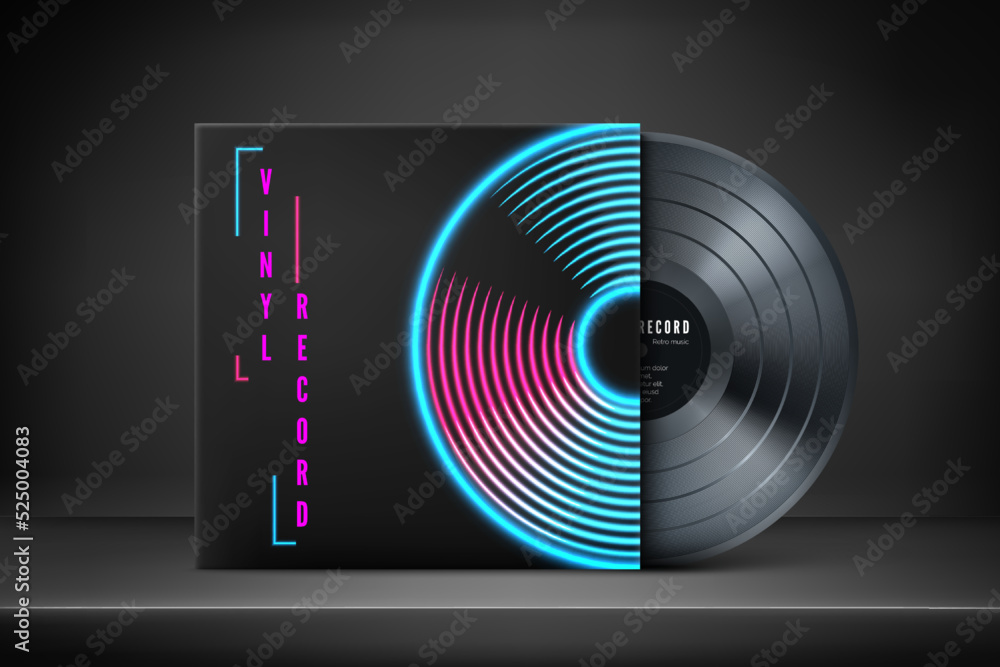 Mock up of vinyl record cover in retro neon colors. Old music album ...