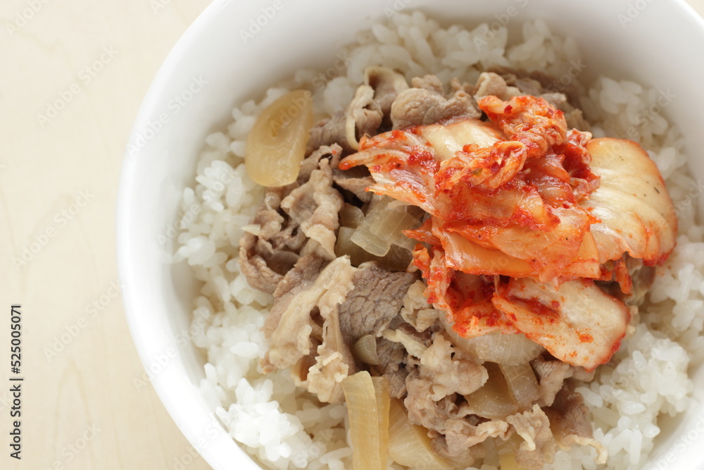 Japanese food, beef and onion simmered with Kimchi on rice Gyudon Beef ...