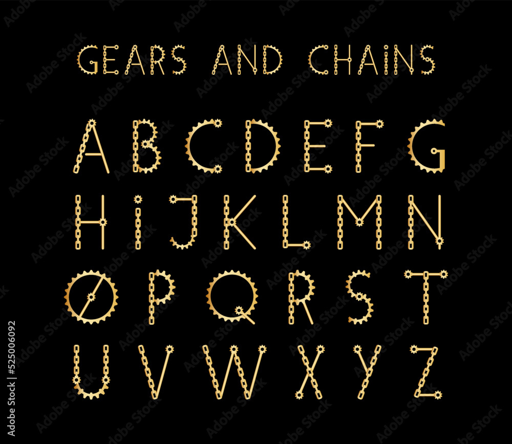 English alphabet, capitals made of gears, cogwheels and chains. Golden ...