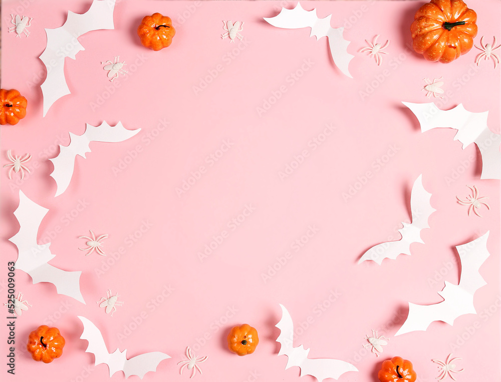 Halloween pink background with white bats, spiders and pumpkins. Stock ...