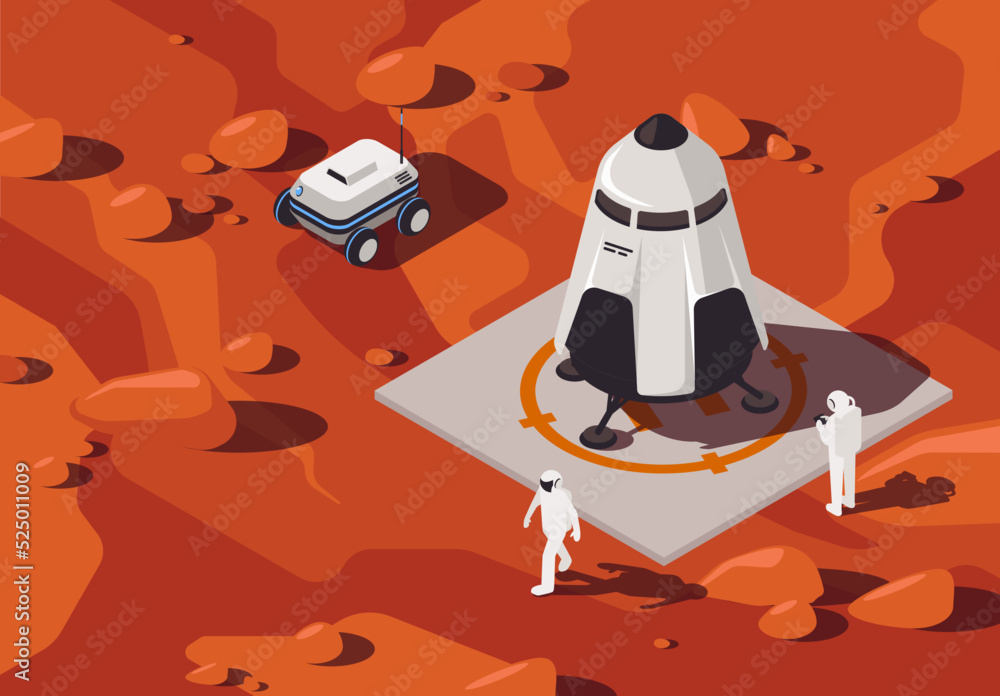 Vector illustration of a futuristic passenger rocket on the surface of ...