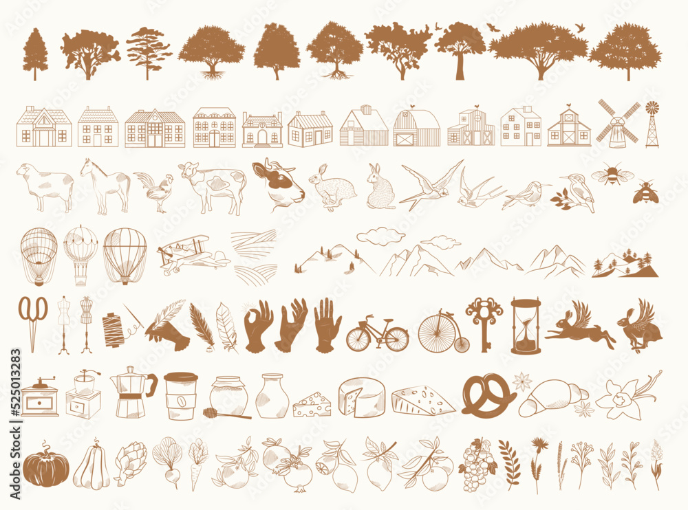 Collection of farm elements, vintage linear symbols, food icons design ...