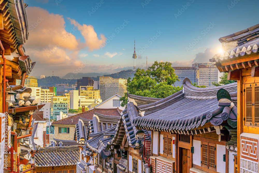 Bukchon Hanok Village with Seoul city skyline, cityscape of South Korea ...