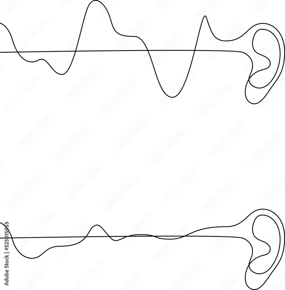 Continuous one line drawing of ears with adiowaves. Hearing loss ...