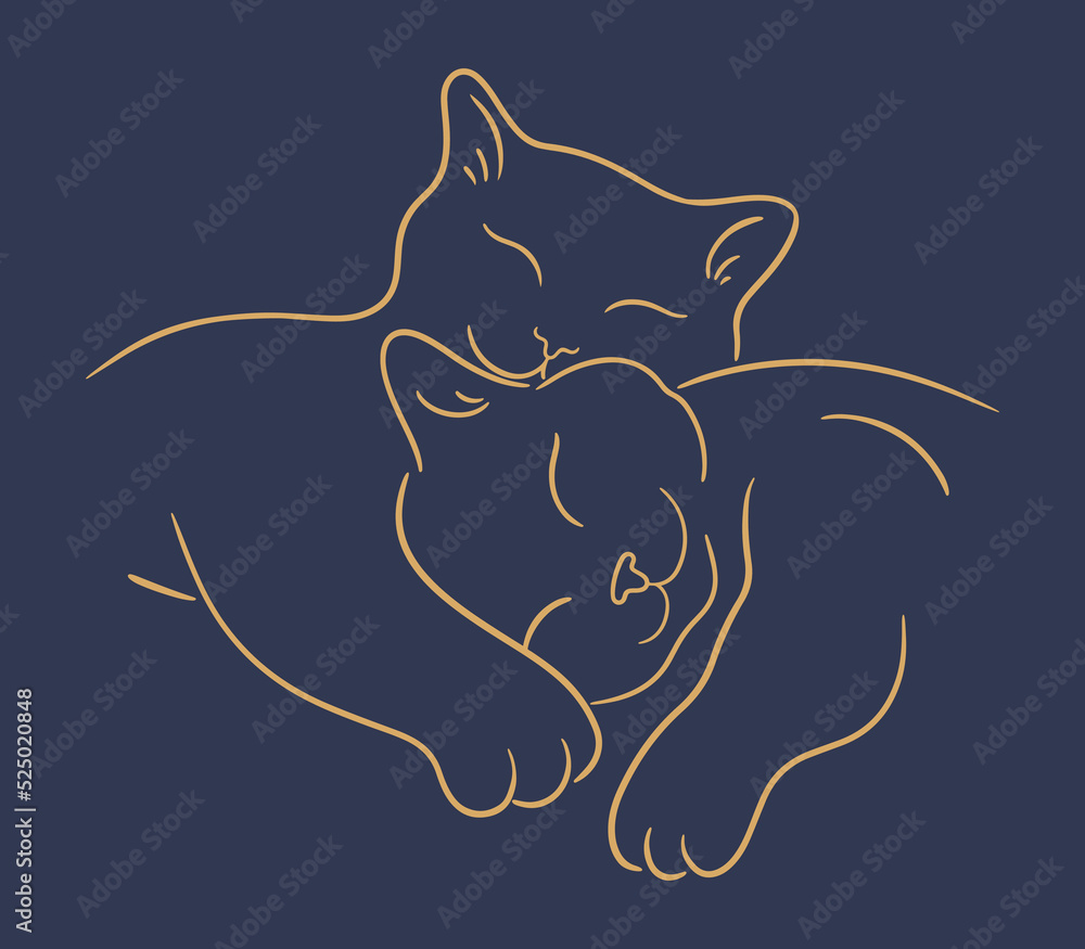 Line art vector sketch illustration of sleeping cuddle cats. Pets ...