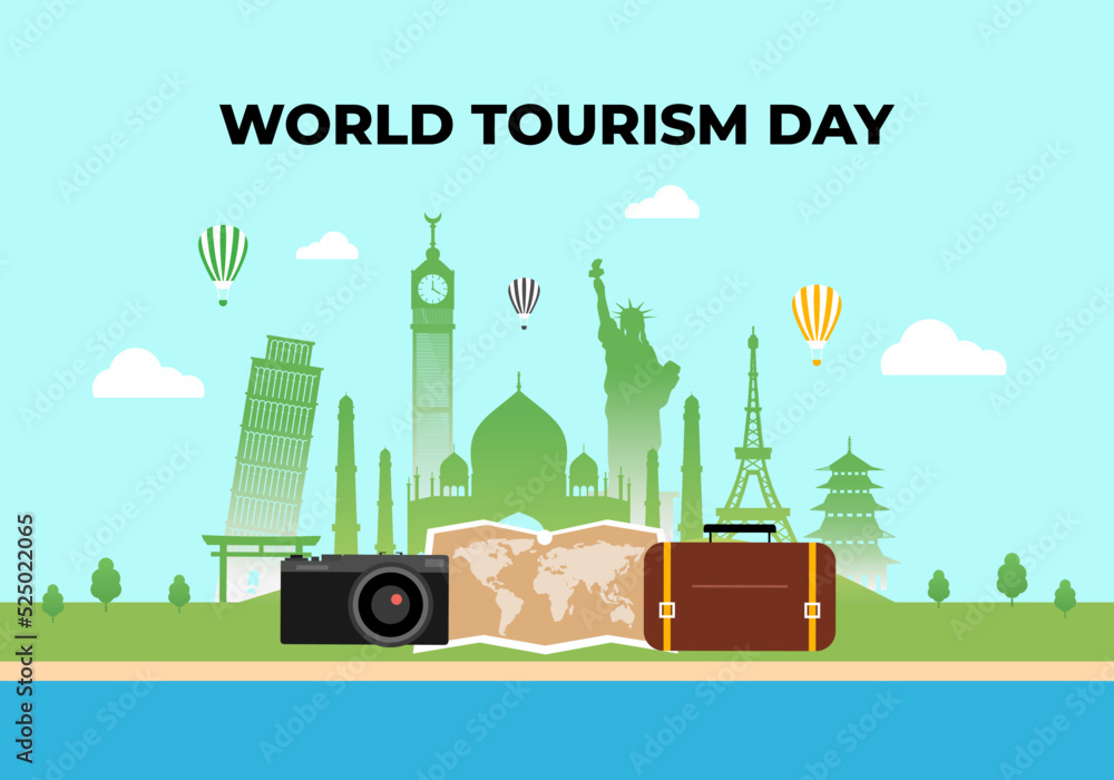 World tourism day background banner poster with camera, map, suitcase ...