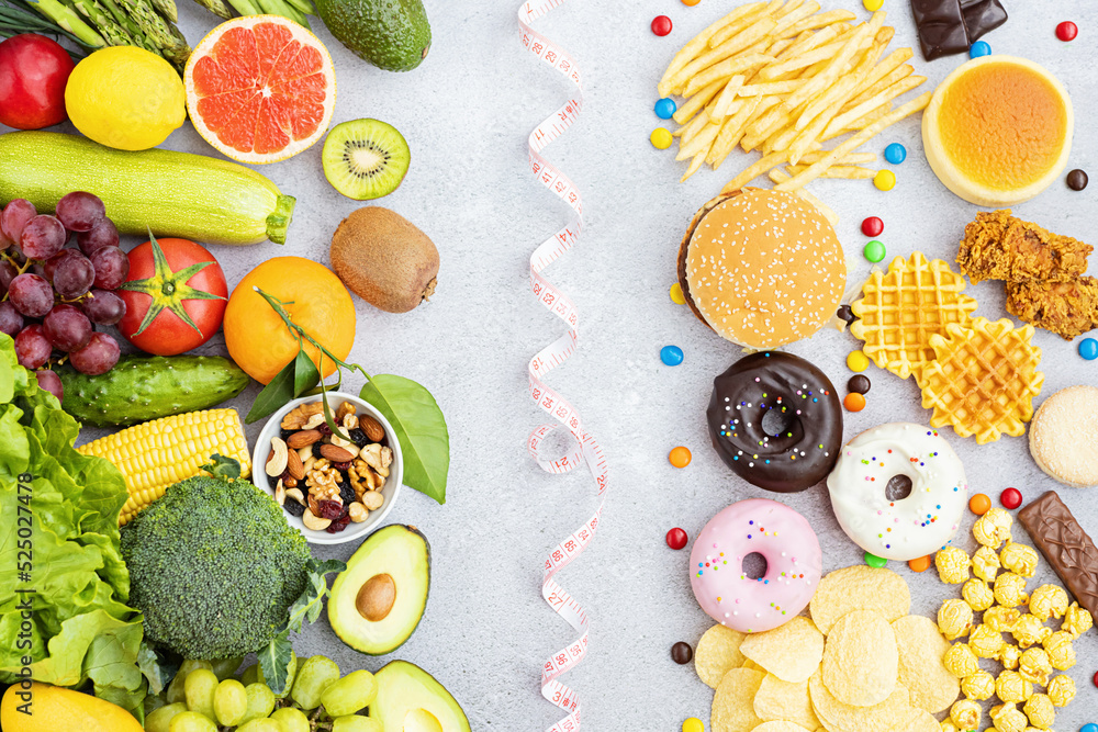 Flat lay of Healthy and unhealthy food from fruits and vegetables vs ...