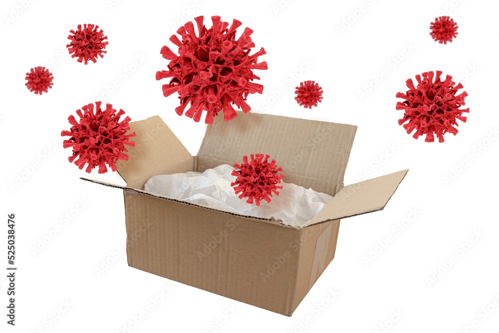 Opened cardboard shipment package box and virus cells. Transmission of ...