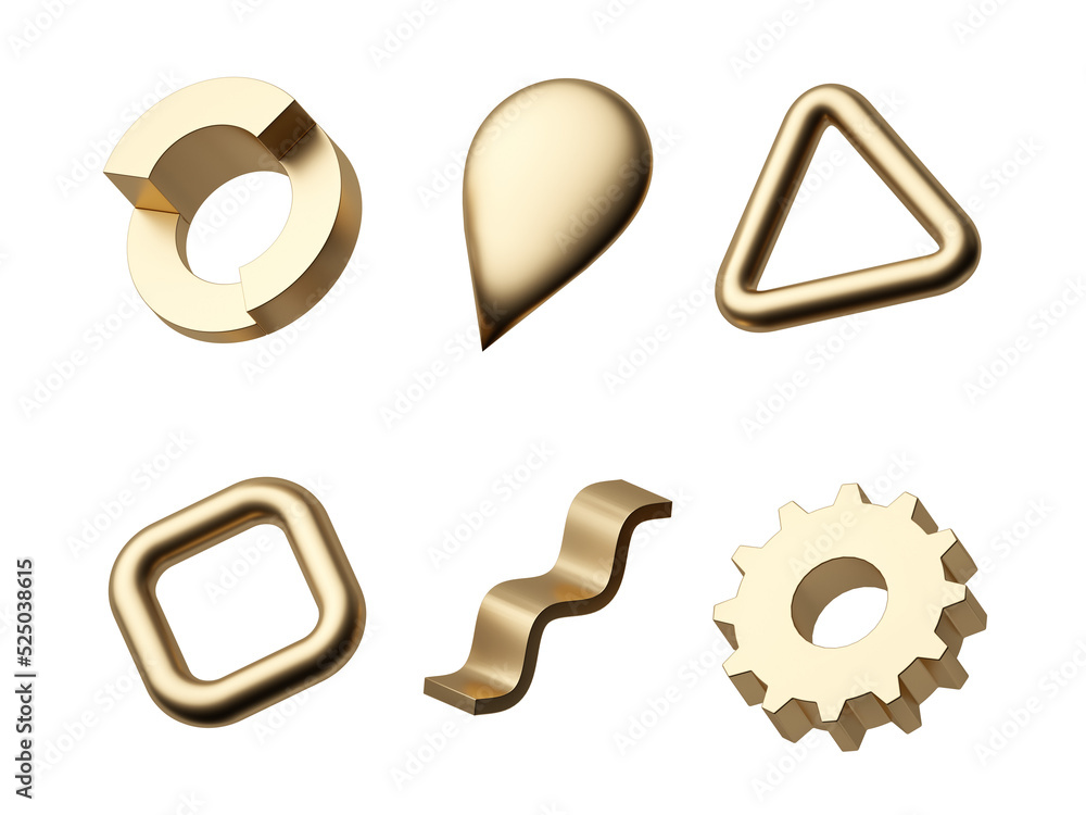 3d rendering. Different geometric golden shapes collection. Modern ...