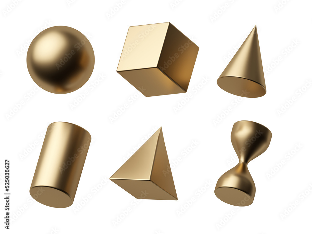 3d rendering. Different geometric golden shapes collection. Modern ...