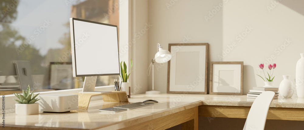 Cozy minimal home working space interior design with computer desktop ...