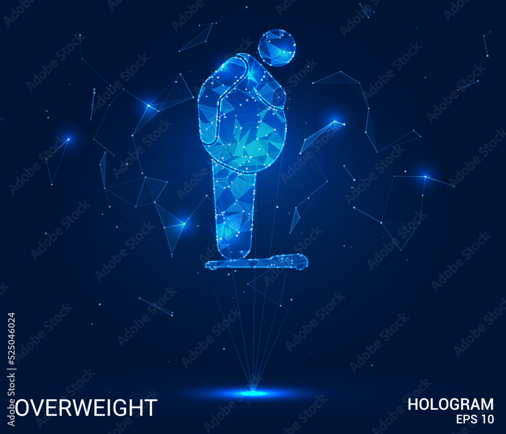 The hologram is overweight. A fat man stands on a scale from polygons ...