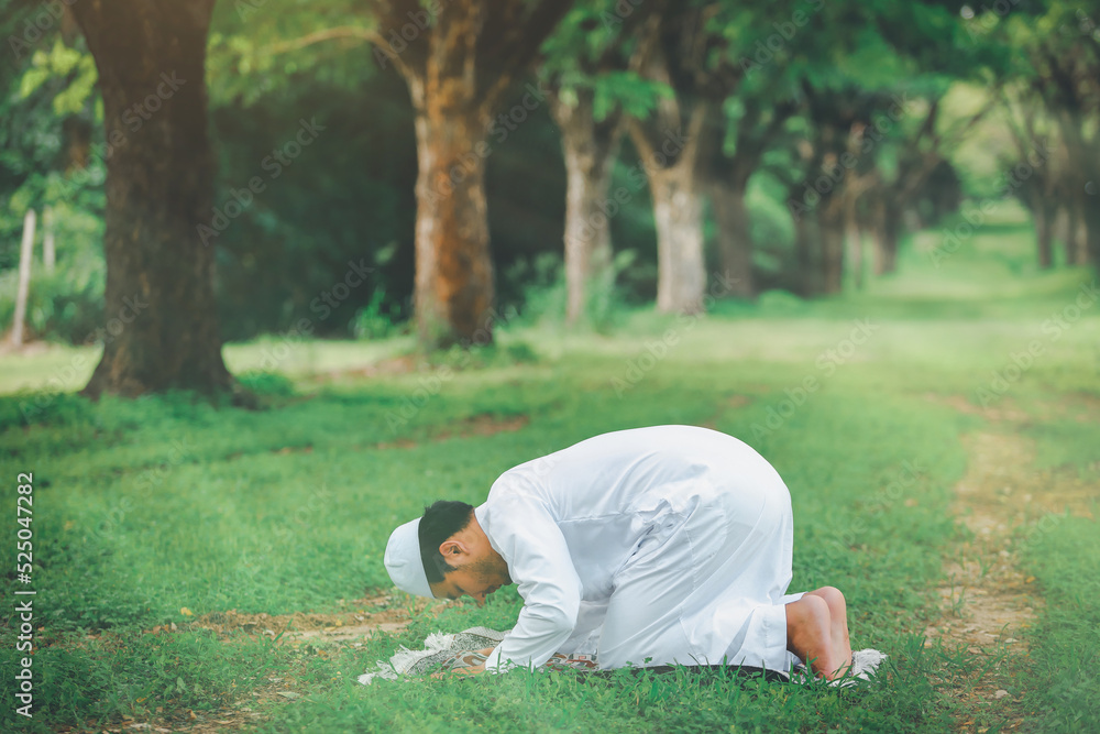 Religious muslim man traditional kandura praying outdoor at quiet ...