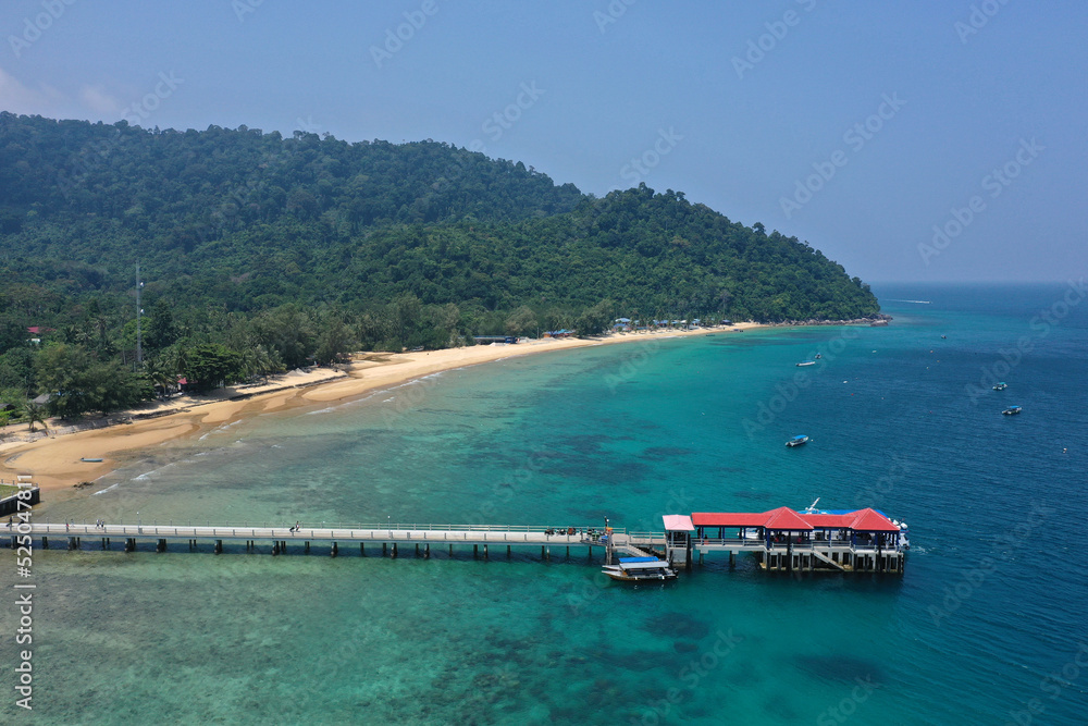 Tioman tropical island drone photo with beautiful blue sea and sky ...