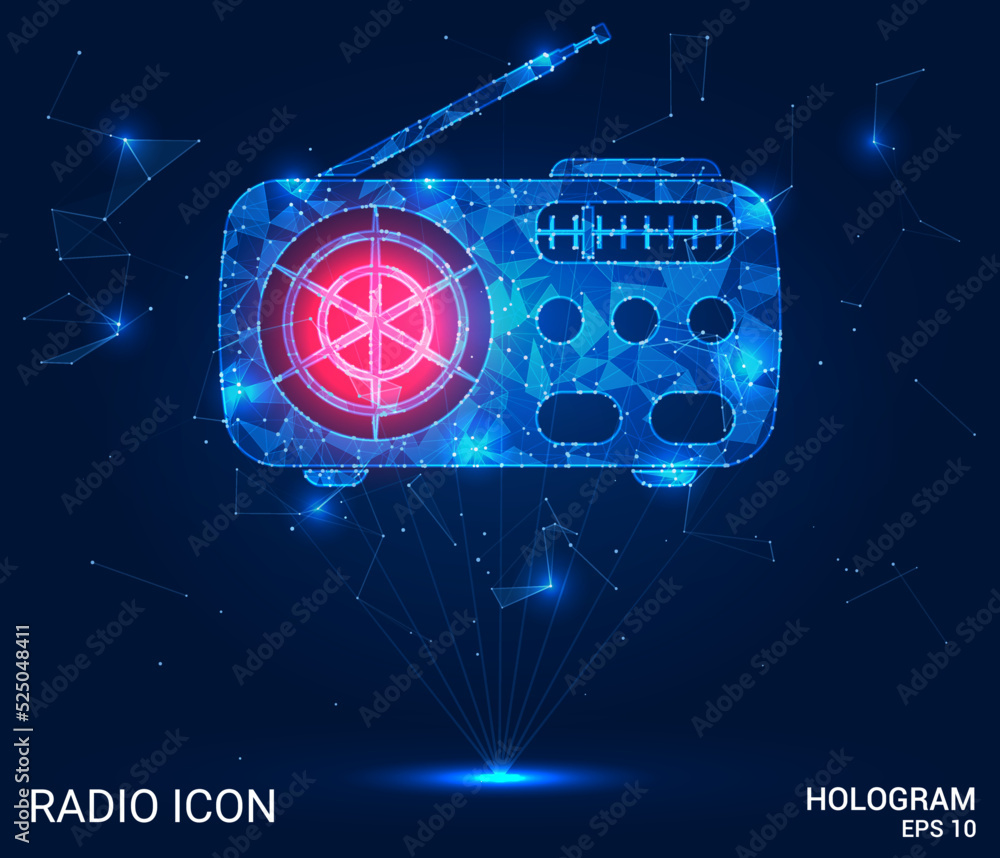 Radio hologram. Radio icon made of polygons, triangles of dots and ...
