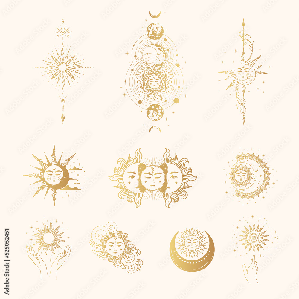 Celestial sun and moon golden collection. Isolated set of 10 esoteric ...