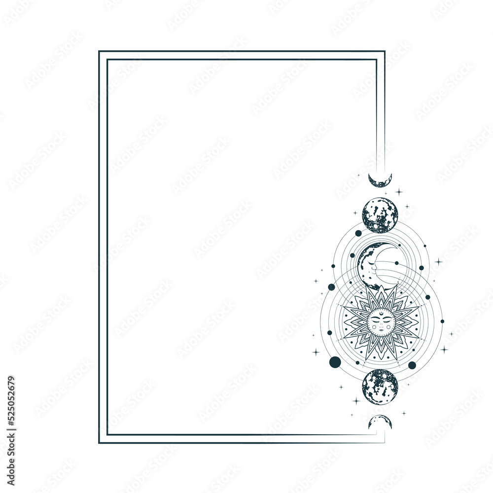 Celestial frame with sun, moon and planets. Vintage background for ...