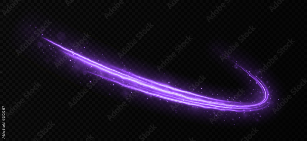 Glowing fire lines effect. Purple, glittering magic gold particles ...