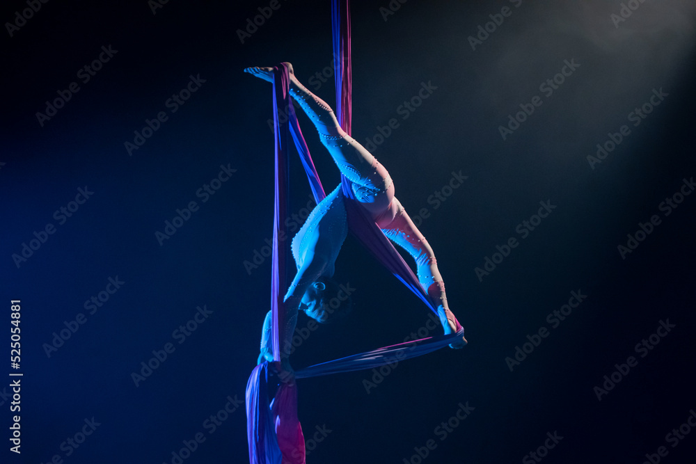 Female circus gymnast hanging upside down on aerial silk and ...