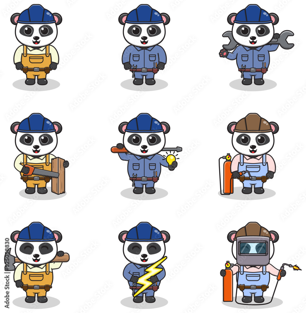 Vector illustration of Panda Construction, builder, electrician, welder ...