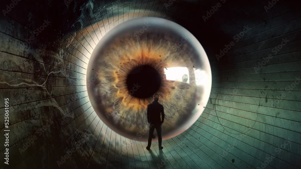 Eye Stares Man Inside Tunnel Hypnosis Surreal Scene. Man being ...