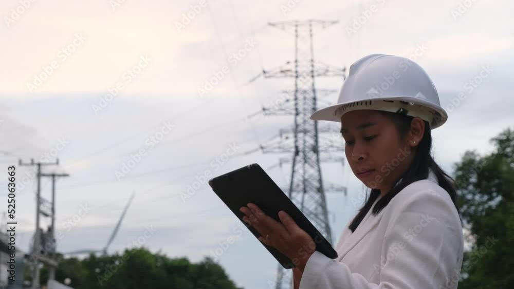 Asian female electrical engineer working on laptop near high voltage ...