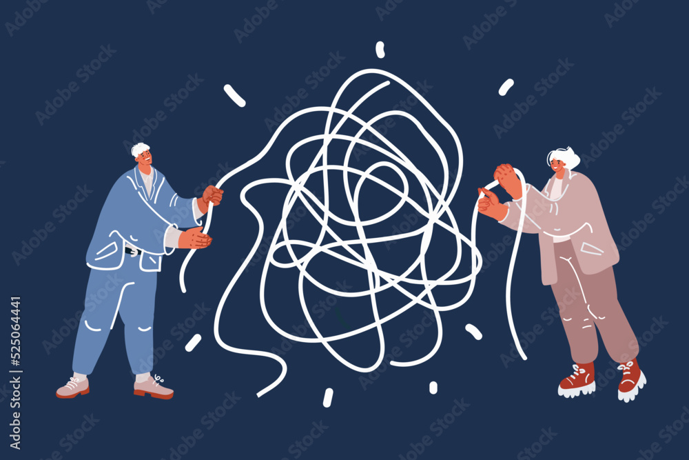 Cartoon vector illustration of man and woman unravel tangled thread ...