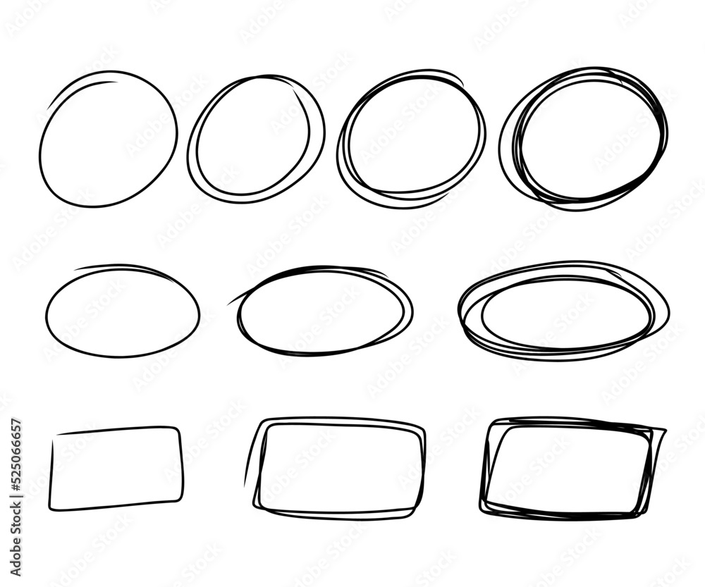 Hand drawn frame set. Doodle highlight square rectangle ovals. Marker ...