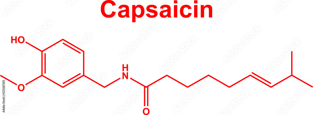 Vetor de Capsaicin molecule hot chili peppers spice component. Red ...