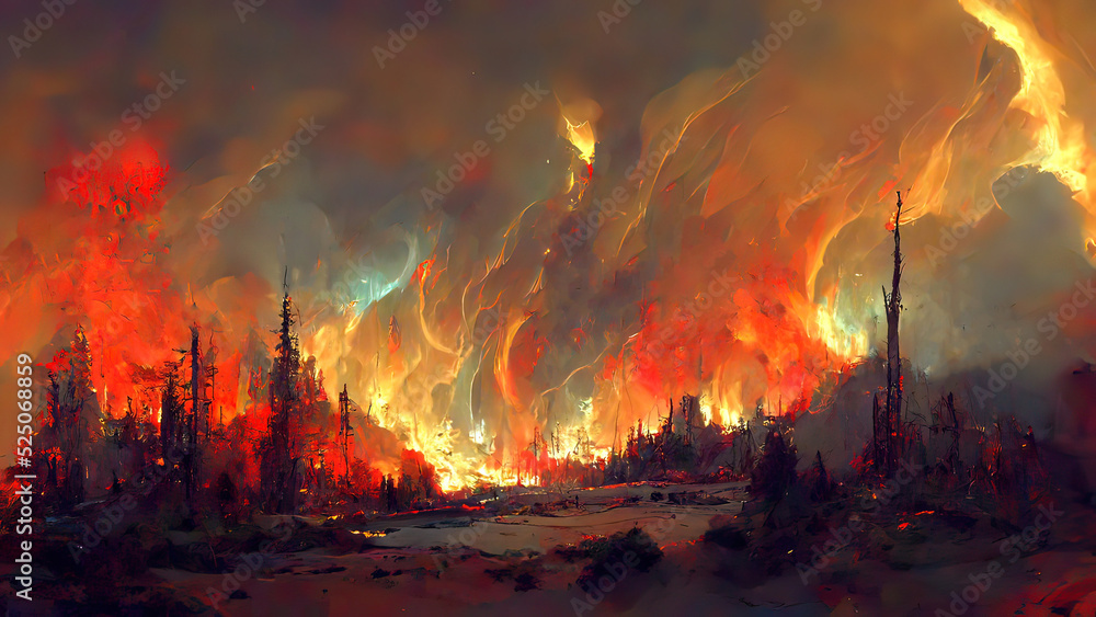 Wildfire, forest burning, 4k digital painting. Illustration of trees ...