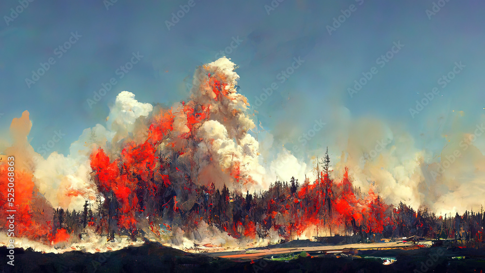 Wildfire, forest burning, 4k digital painting. Illustration of trees ...