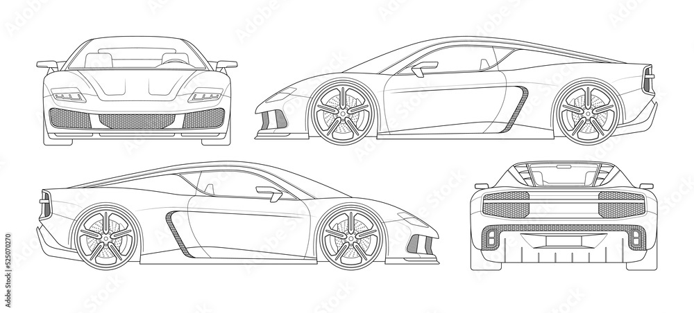 Modern Sports Car Mockup In Outlines Contours Set Of Blueprints Of Non Existent Supercar Side
